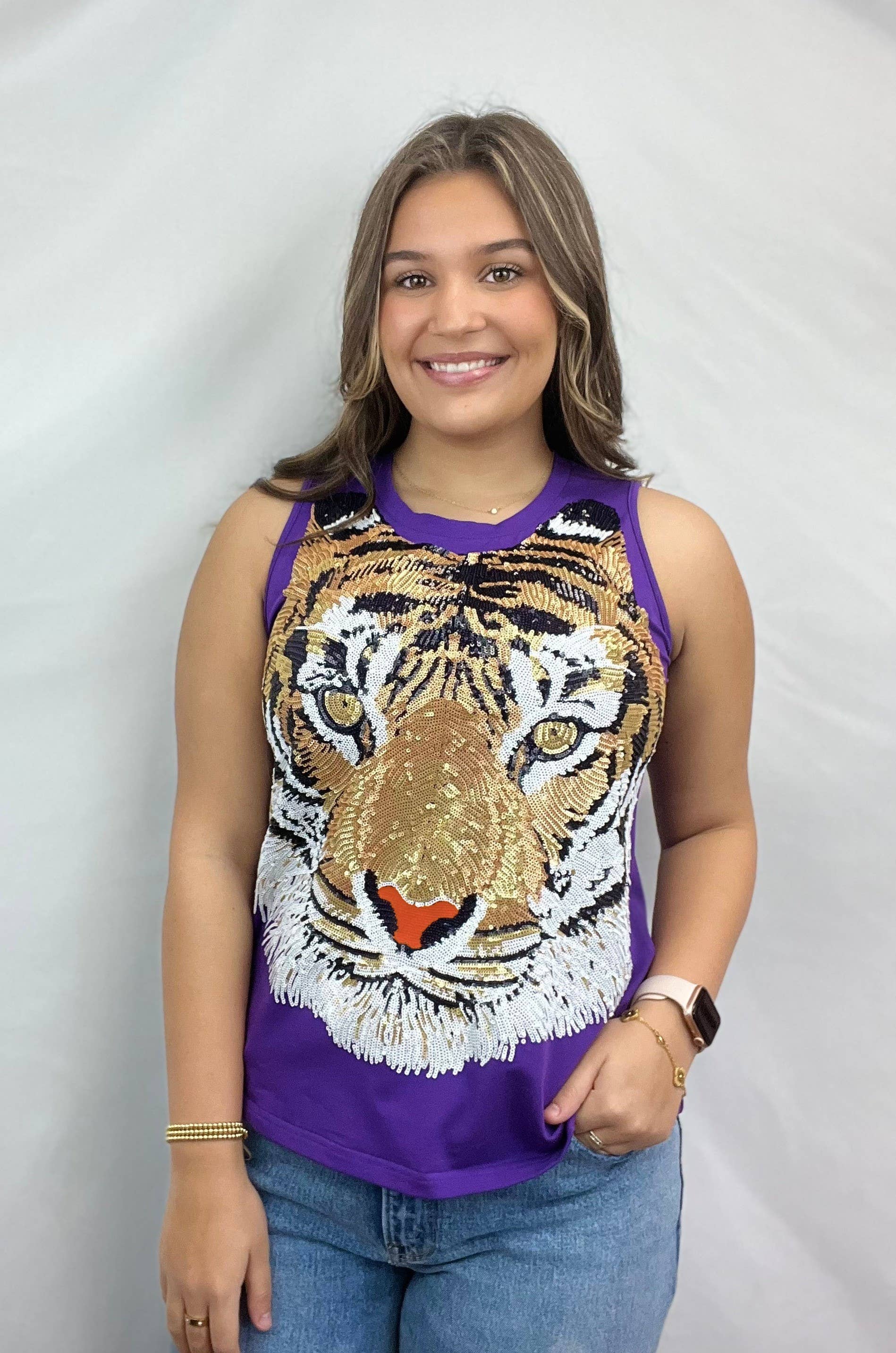 Tiger Face | Women's Sequin Design Tank (Purple) – Tiger Wear & Dancer's Lair